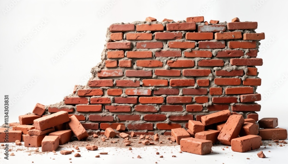 Broken brick wall with scattered bricks. Destruction, demolition of ...