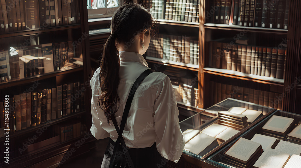 female museum worker with long dark hair in a ponytail, wearing a white ...