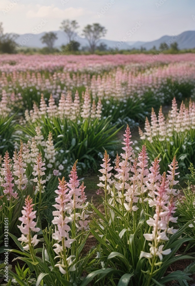 sprawling field of tuberose plants with unopened blooms, fields ...