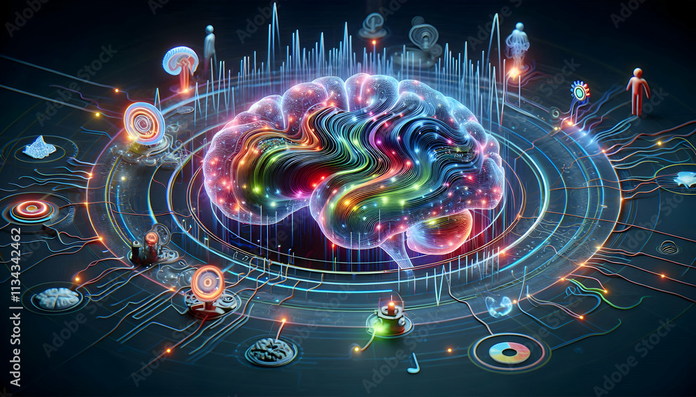 3D Digital brainwaves in action concept as Camera glides over ...