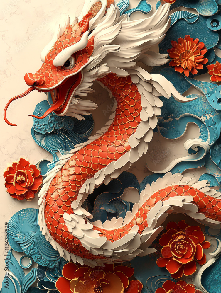 vibrant dragon sculpture with intricate scales and floral details ...
