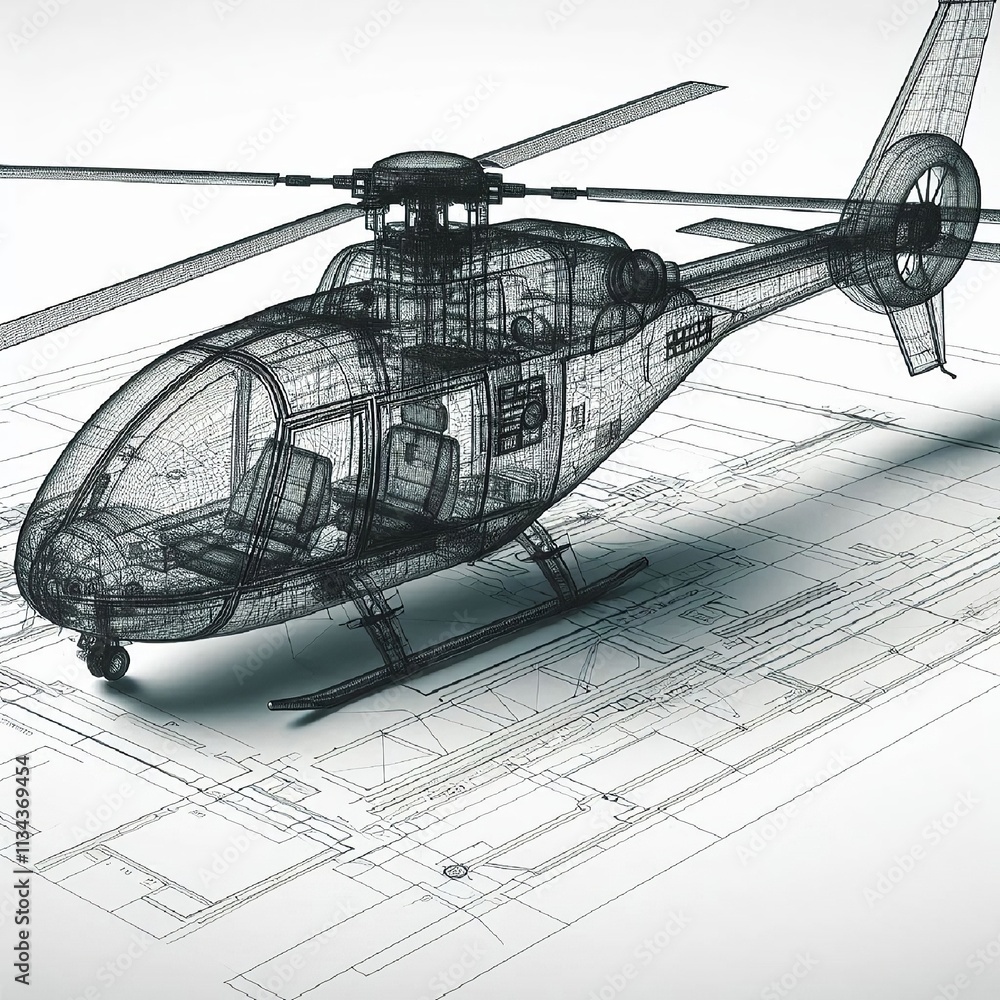 A detailed wireframe design of a helicopter is showcased on an ...