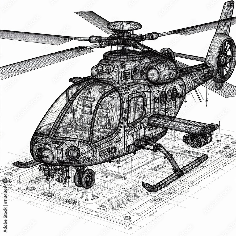 A detailed wireframe design of a helicopter is showcased on an engineering blueprint, depicting ...