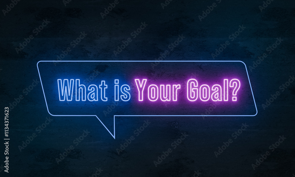 What is your goal? Illuminated neon sign in blue and purple on a dark ...