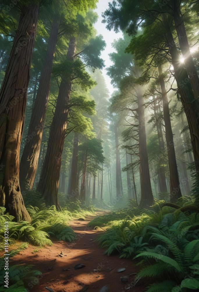 Lush green canopy above the forest floor with giant redwoods as central ...