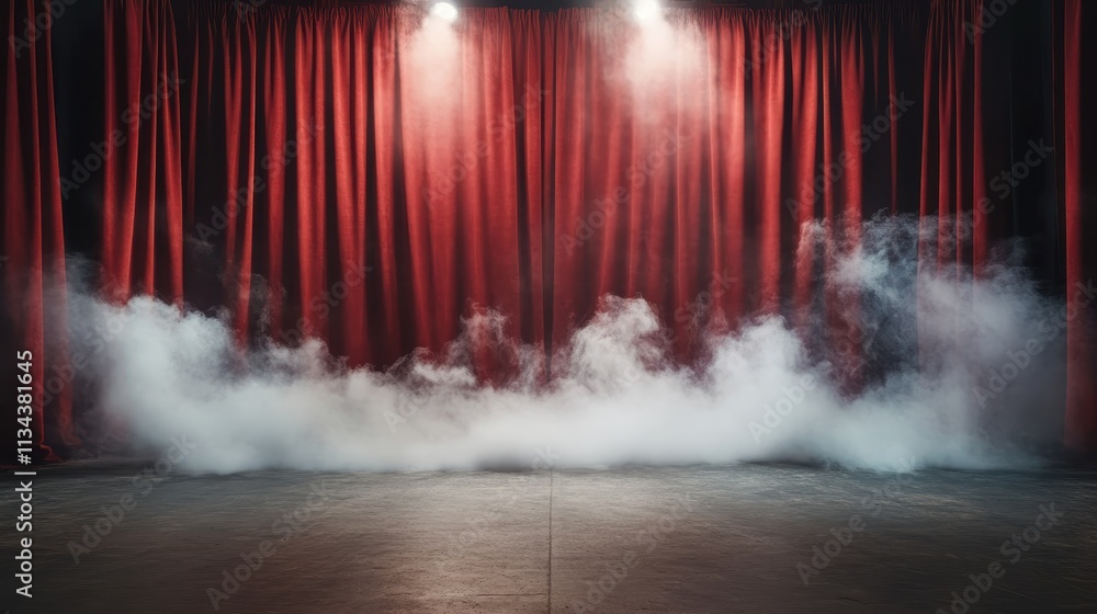 The image depicts a stage with red curtains, illuminated by stage ...