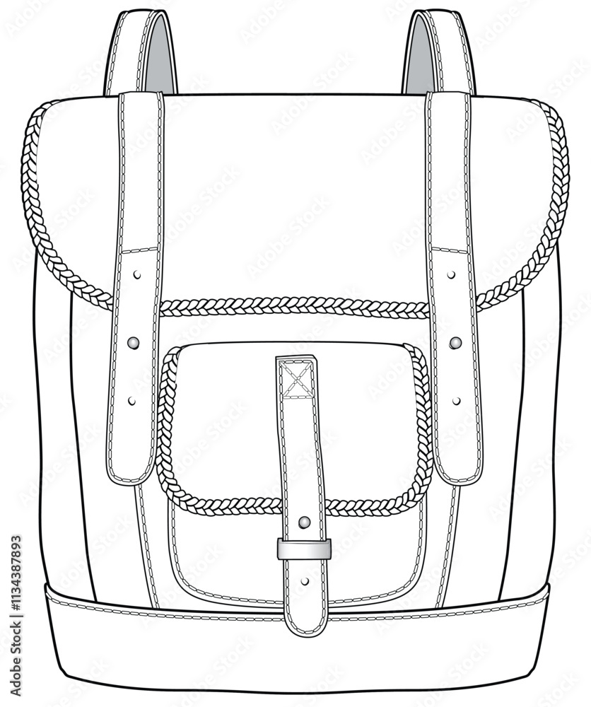 Braided satchel backpack flat sketch vector illustration technical cad ...