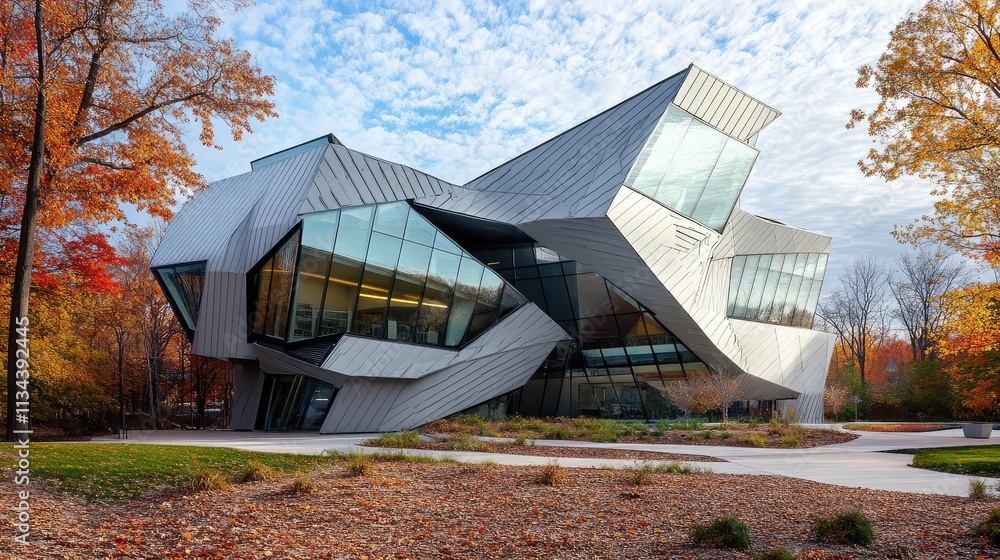 A science center with jagged architectural forms and tilted walls ...