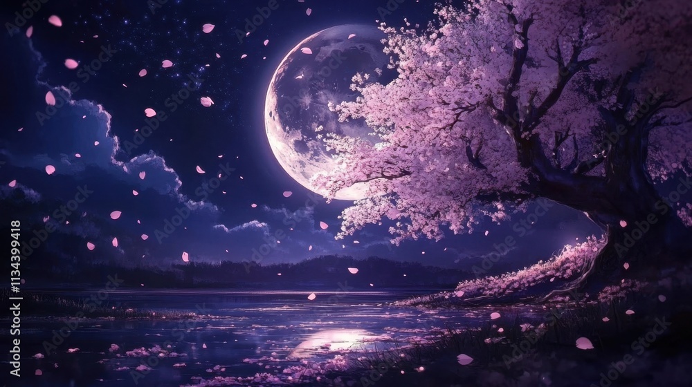 The moon shines brightly over vibrant sakura flowers. Stock ...