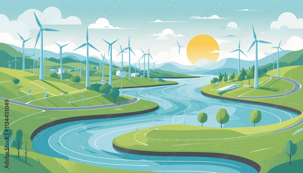 Wind turbine generating electricity on the river side in a renewable ...