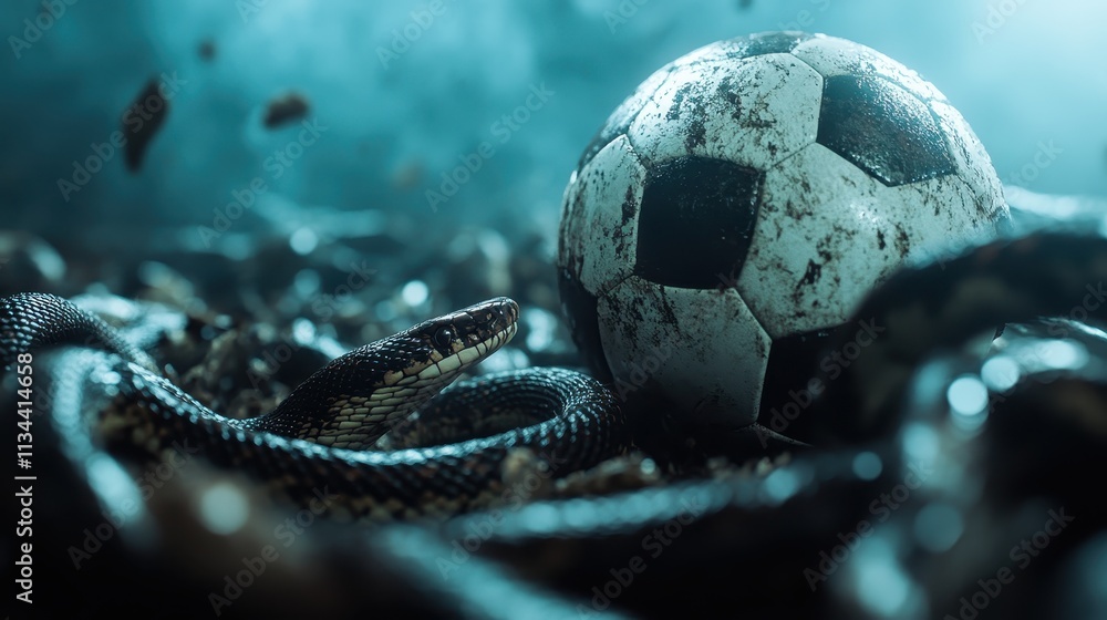 This dramatic image captures a snake coiling around a soccer ball in a ...