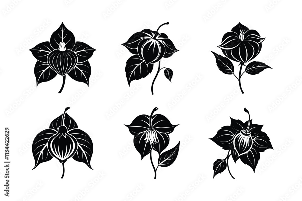 Abutilon flowers design, labeled midium linocut silhouette vector ...
