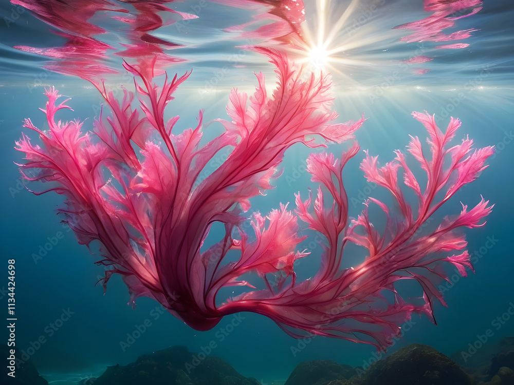Beautiful underwater pink seaweed plant, aquatic marine seascape ...
