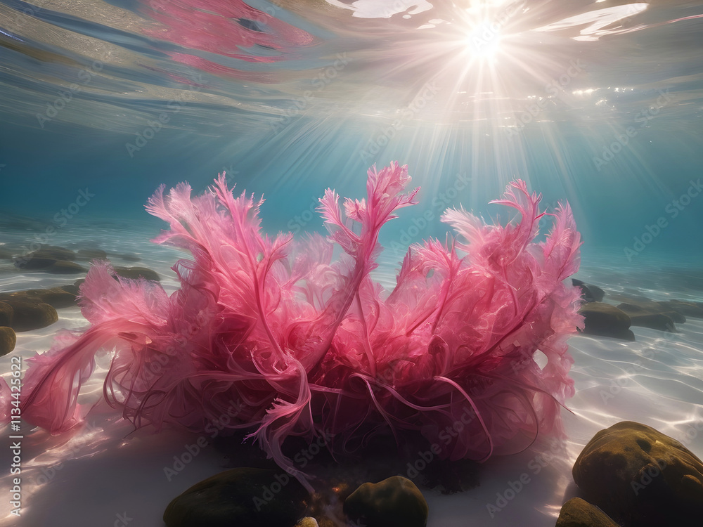 Beautiful underwater pink seaweed plant, aquatic marine seascape ...