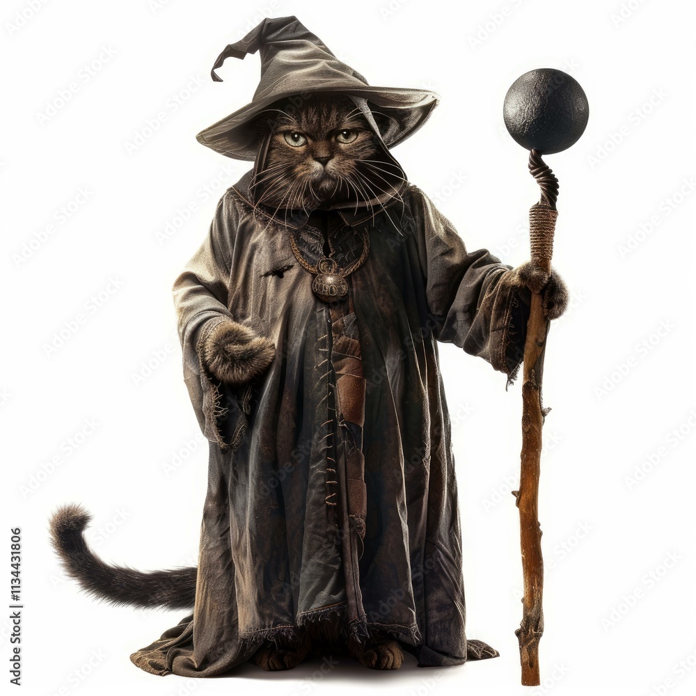 Tabby cat dressed as a wizard, holding a staff and wearing a robe ...