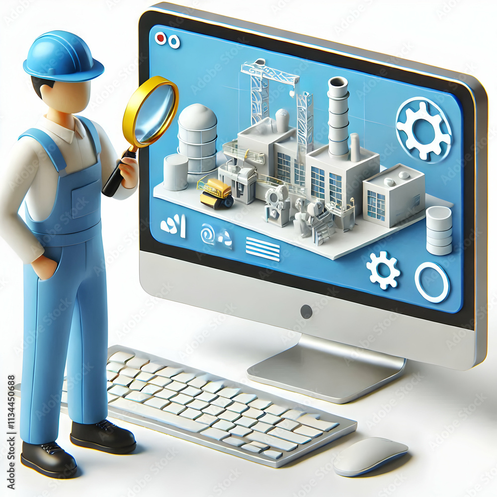 3D Engineer inspecting digital twin of machinery concept as An engineer ...