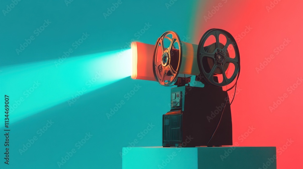 Vintage film projector casting a bright beam of light against a vibrant ...