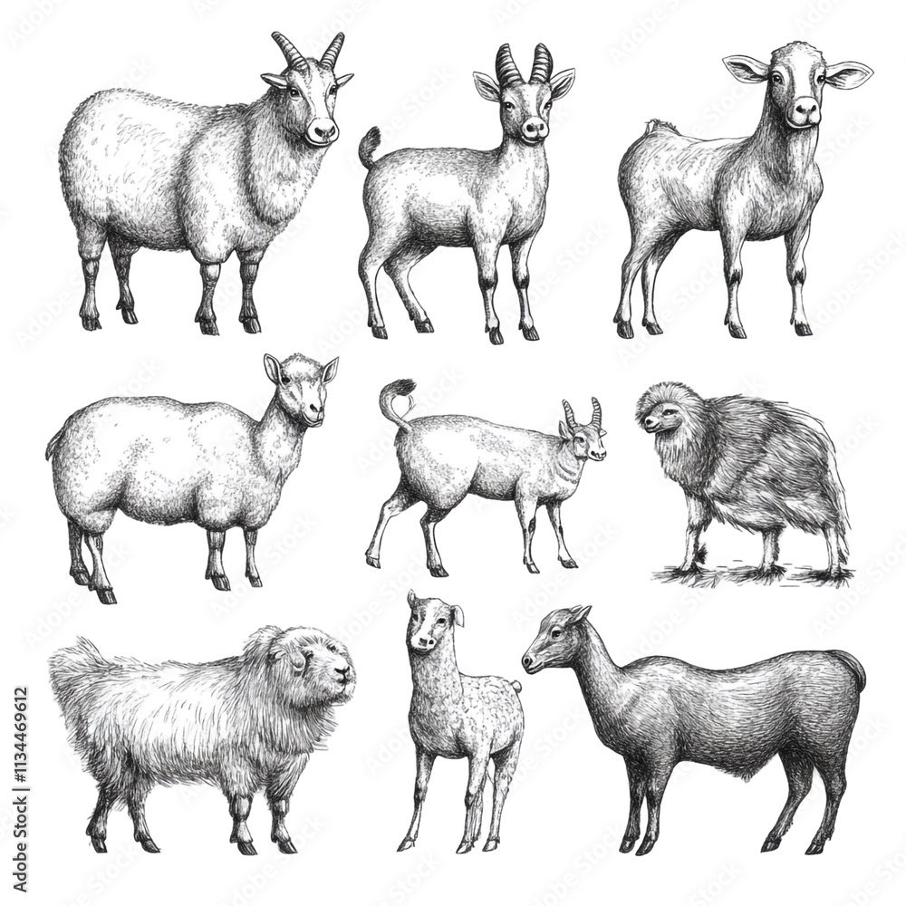 Nine Different Breeds of Sheep and Goats: A Detailed Pen and Ink ...