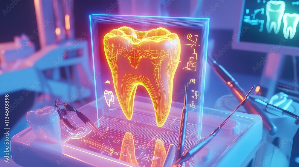A glowing 3D model of a tooth showing decay progression, surrounded by ...