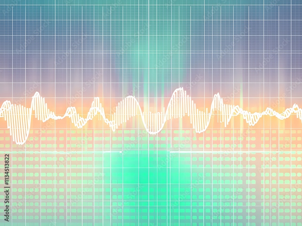 glowing digital waveforms fluctuating in sync with a pulsating grid background, representing the ...