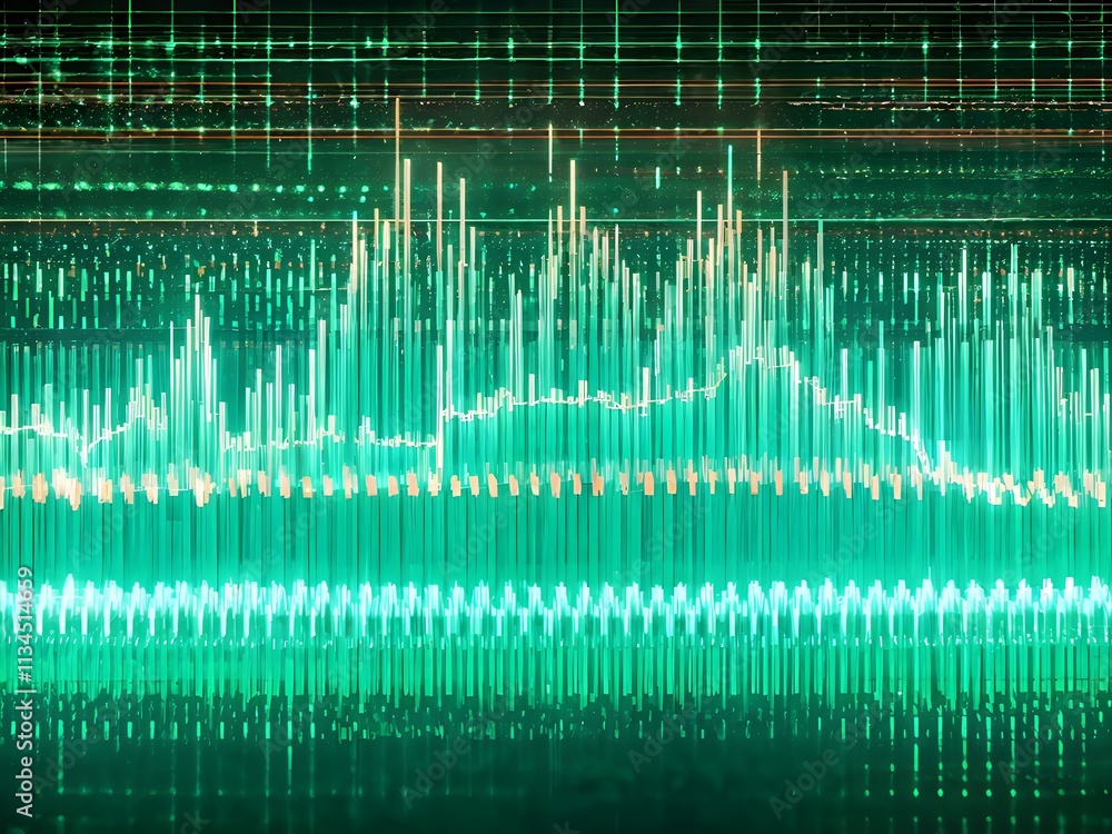 glowing digital waveforms fluctuating in sync with a pulsating grid background, representing the ...