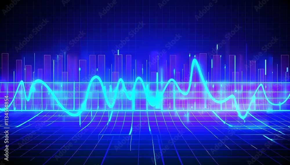glowing digital waveforms fluctuating in sync with a pulsating grid background, representing the ...
