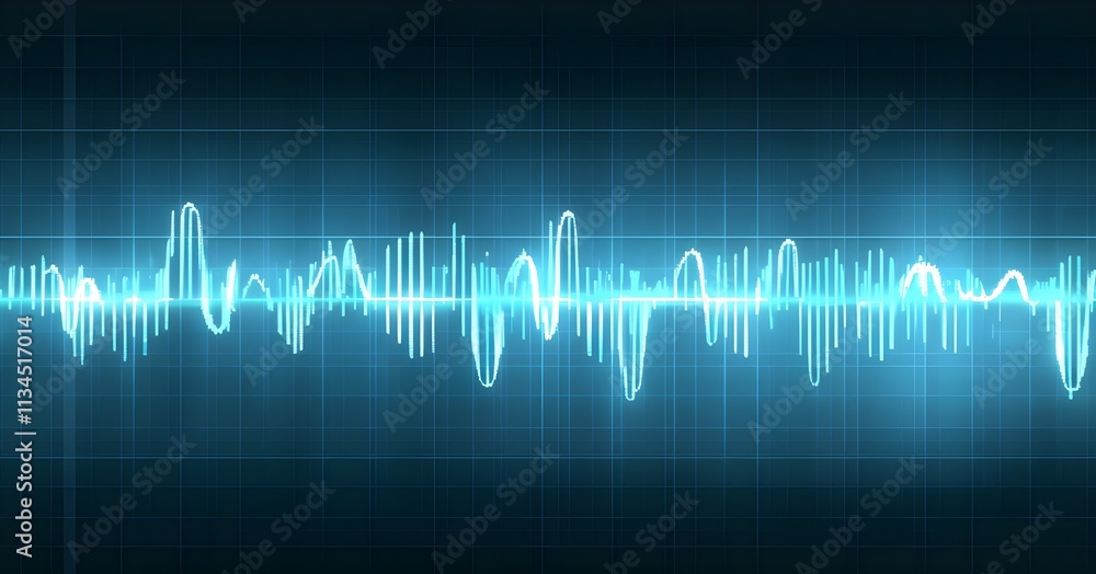 glowing digital waveforms fluctuating in sync with a pulsating grid background, representing the ...