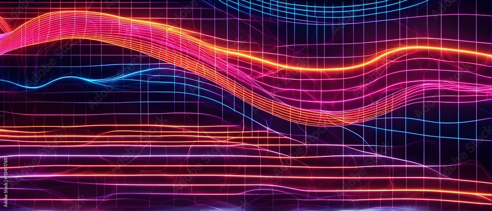 glowing digital waveforms fluctuating in sync with a pulsating grid background, representing the ...