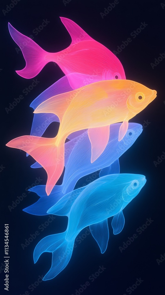 Neon Fish: A vibrant and ethereal illustration of four glowing fish ...
