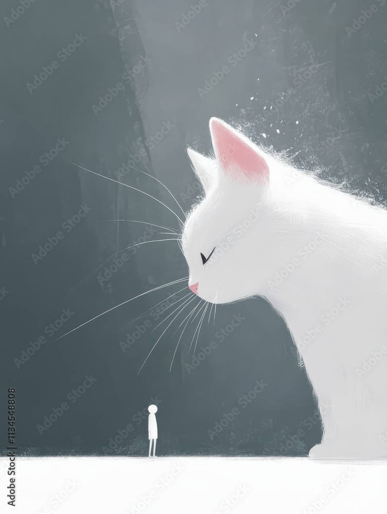 Giant Cat, Tiny Human: A whimsical illustration of a colossal white cat ...
