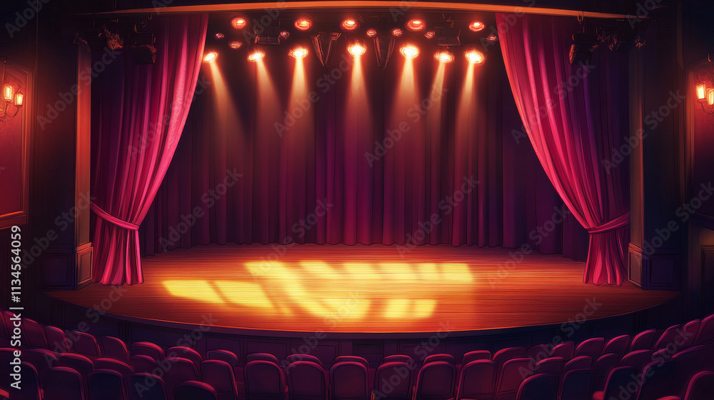 Theater hall with wooden stage, red curtains, auditorium chairs ...