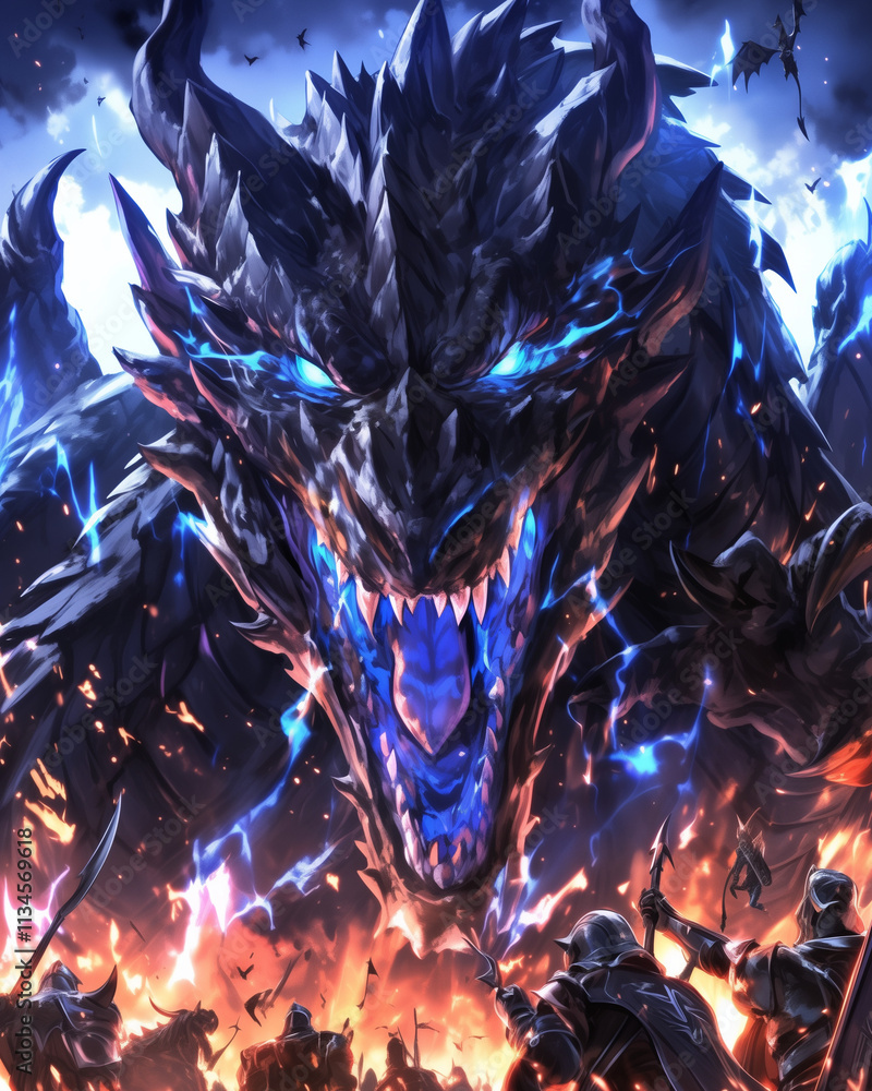 blue dragon roaring amidst battle with knights under a starlit sky with vibrant fire Stock ...