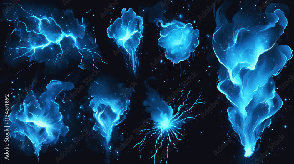 Sprite sheet with lightnings, thunderbolt strikes set for game fx ...