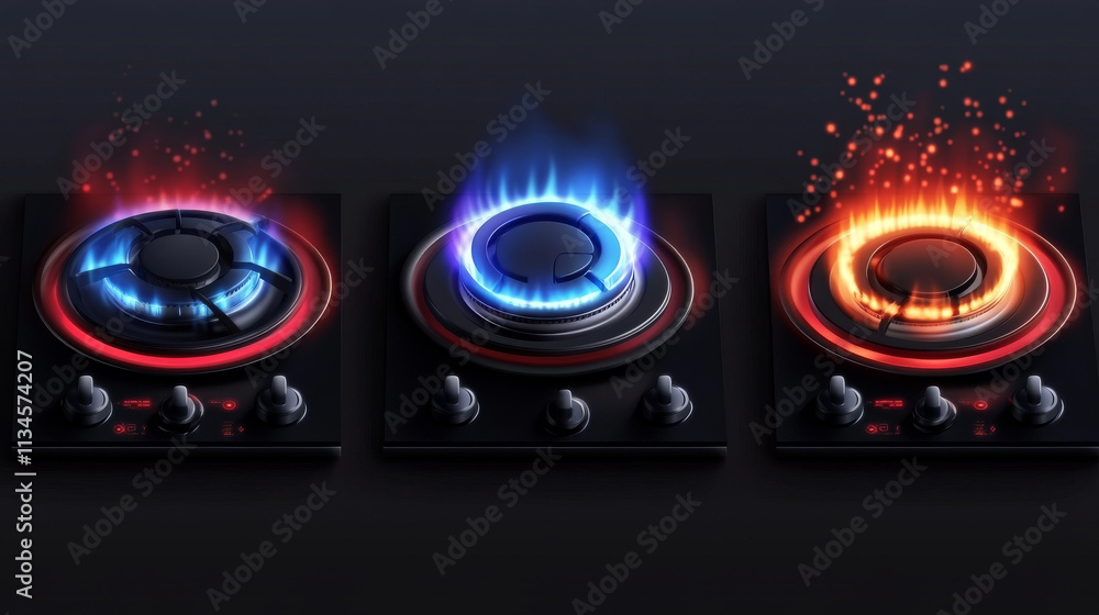 Hotplates, burning gas stove and electric coil, blue flame and red ...