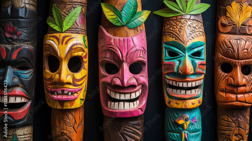 Exotic tiki masks set isolated on black background. Vector cartoon ...