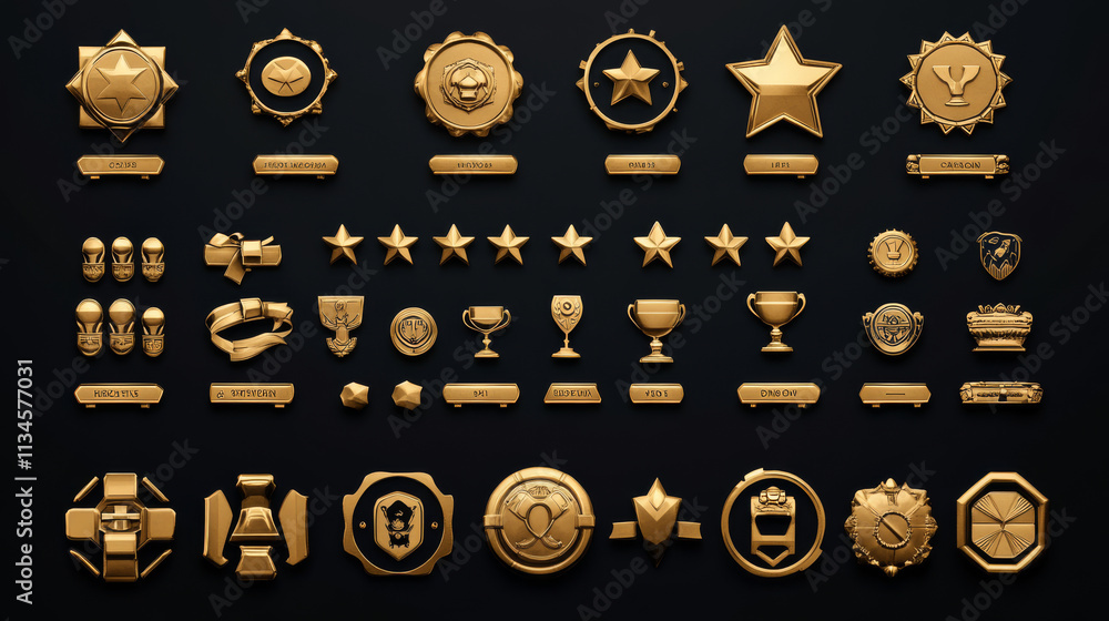 Game level icons, medals, stars, ui badges with wings, laurel and ...