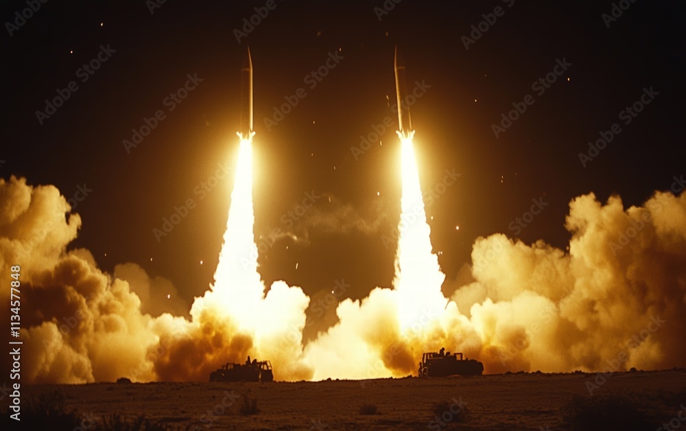 Nighttime spectacle! Two missiles launch simultaneously, illuminating ...