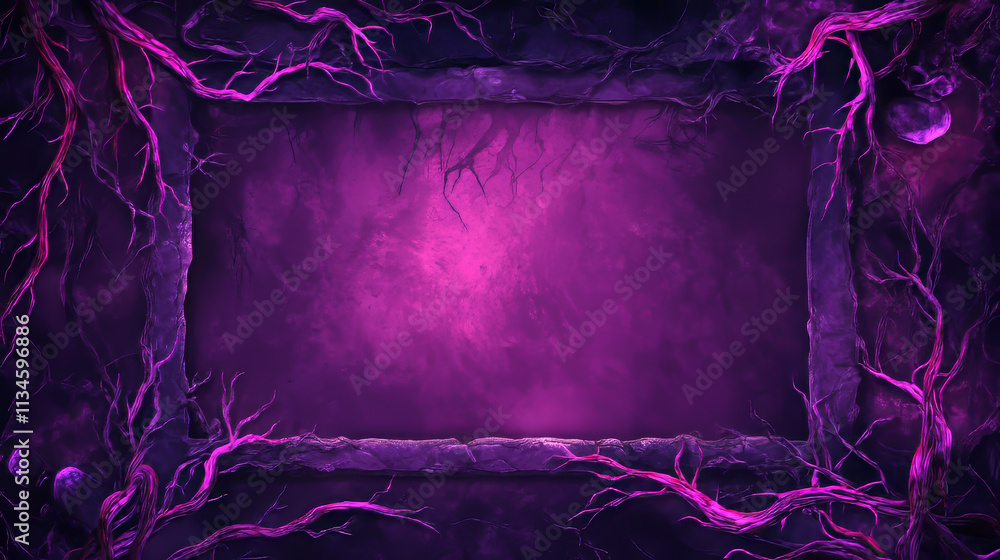 Spooky dry liana vines with glow and twisted branches in form of square ...