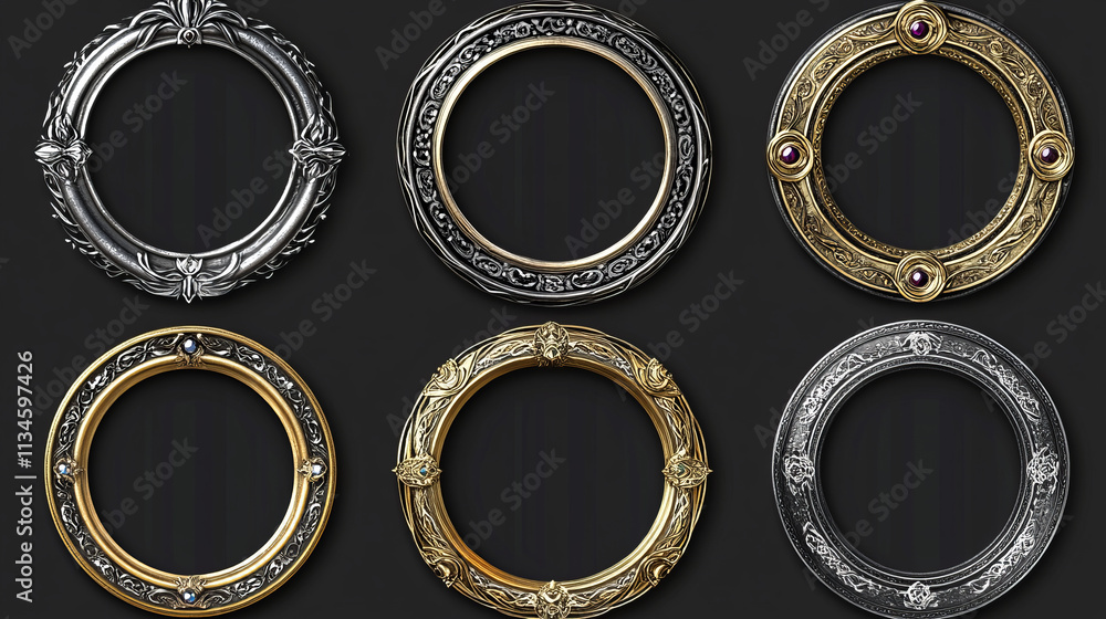 Empty circle silver and gold frames in medieval style for game ui ...