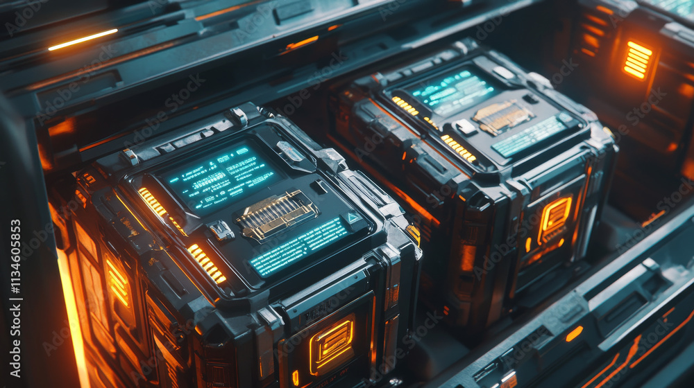 Game futuristic boxes, future technology chests. Icons of sci-fi ...