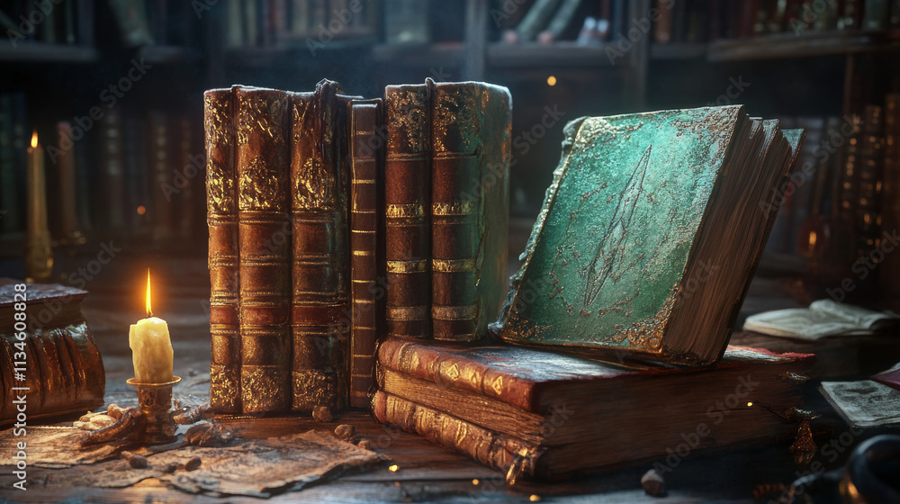 Magic wizard or witchcraft books with fantastic hardcovers. Cartoon ...