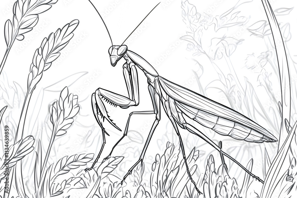 Black and white line drawing of praying mantis standing in hunting ...