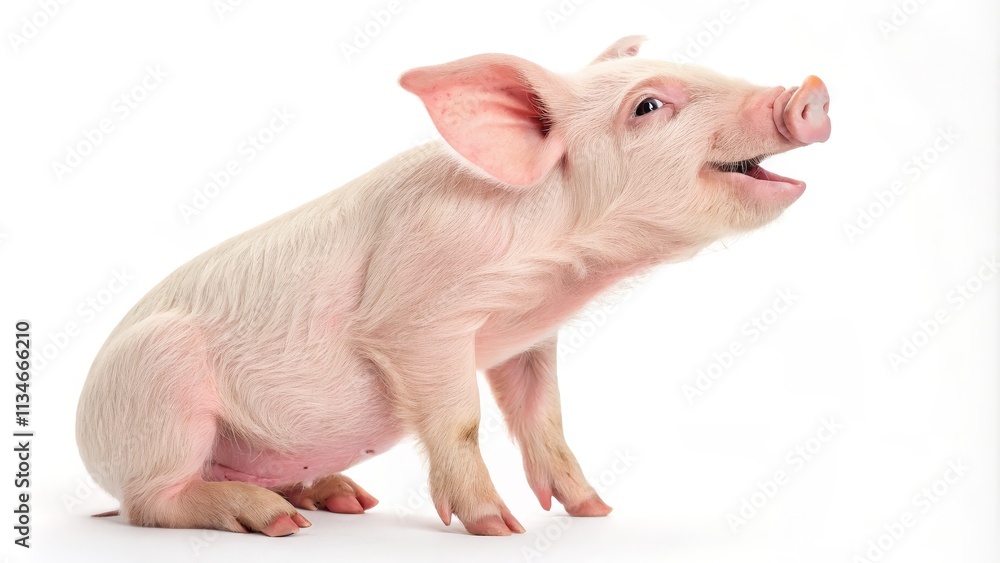Cute Pink Piglet Sitting, Profile View, White Background, Animal ...