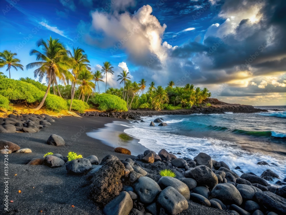 Punalu'u's black sand: ancient basalt, volcanic rock formations ...