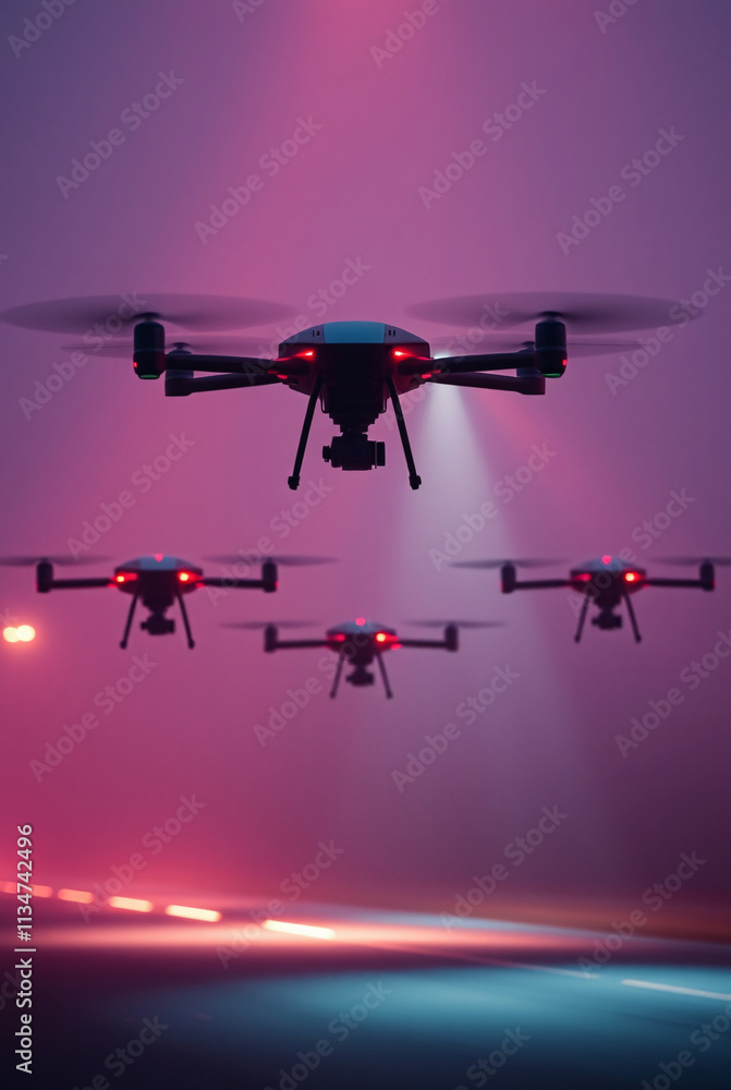 Four drones formation flying fo purple sky volumetric lighting UFO, UAP ...