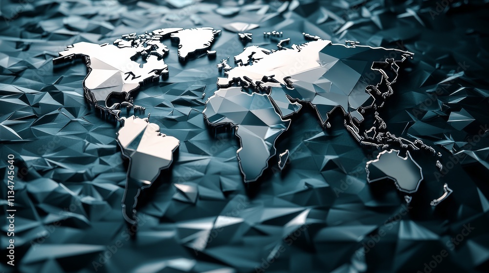 Metallic low poly world map reflective surface global geography earth ...
