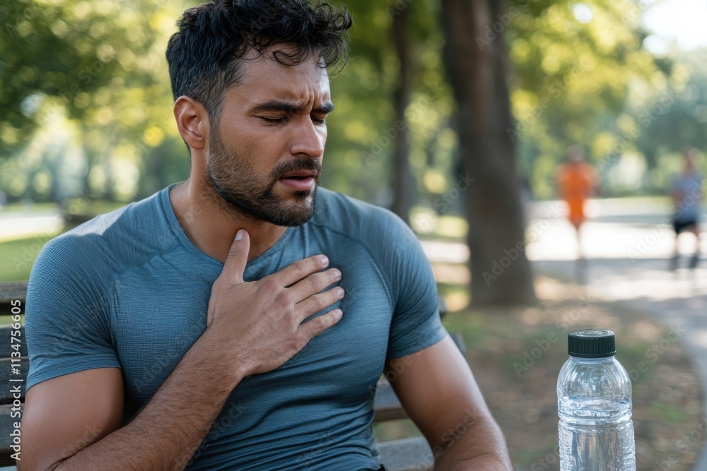 An athletic man sitting on a park bench appears to struggle with his ...
