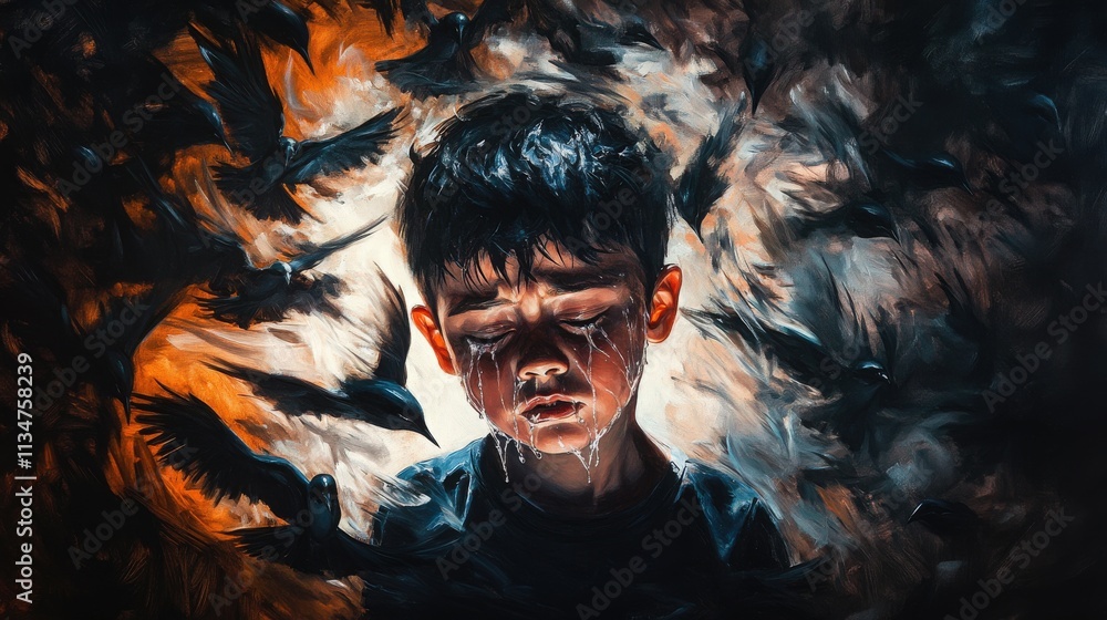 A Crying Boy Surrounded by Shadows - A painting of inner turmoil ...
