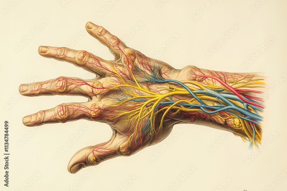 Detailed illustration of the cutaneous nerves in the human hand anatomy ...