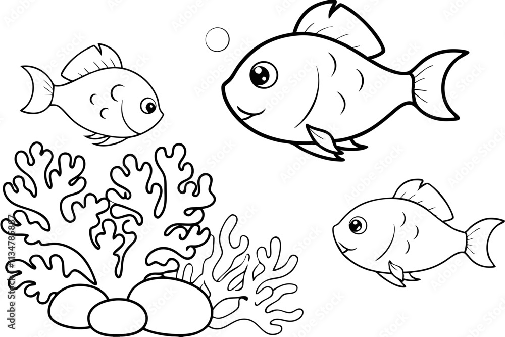 Cute Cartoon Fish Coloring Page Ocean Life Scene Stock Vector | Adobe Stock